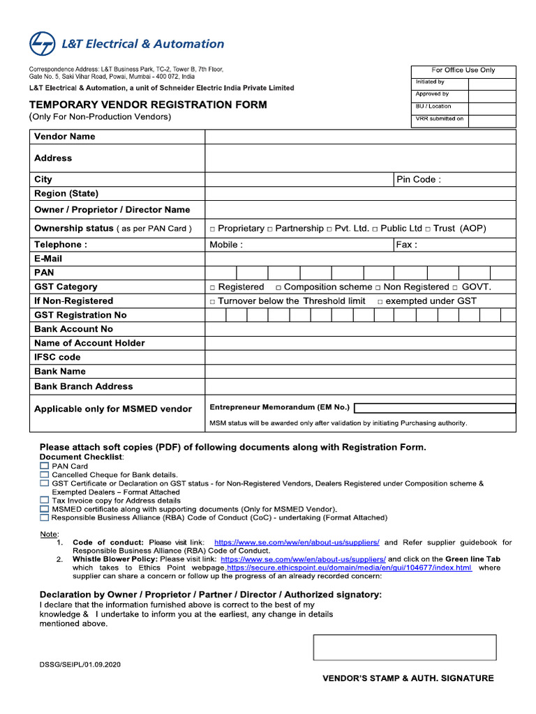Temporary Vendor Registration Form | PDF