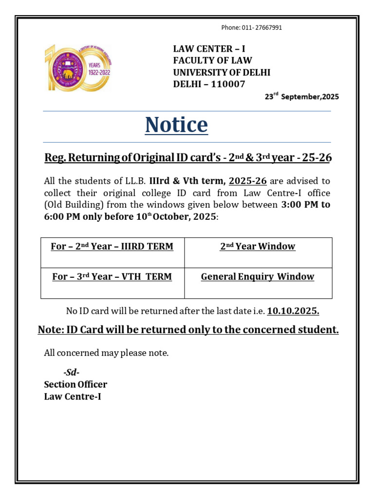 Returning of Original ID Card's-2nd & 3rd Year | PDF