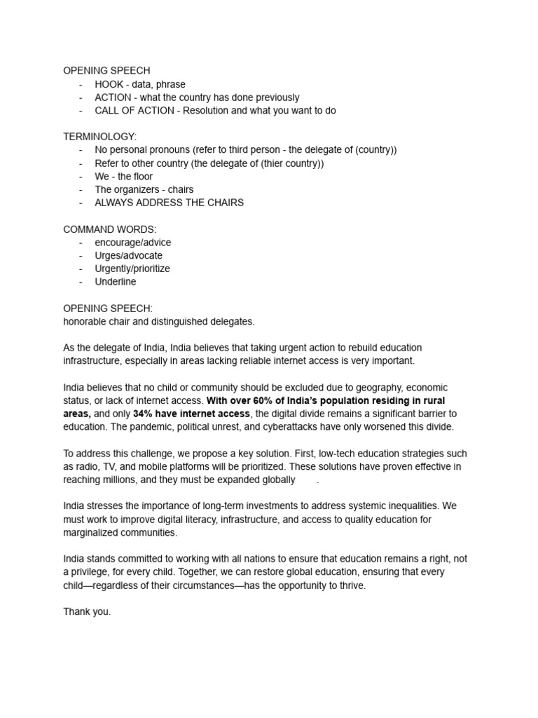 MUN Opening Speech Structure | PDF