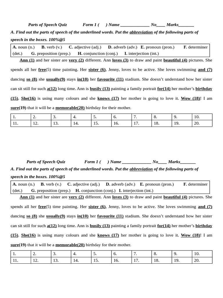 Part of Speech Quiz | PDF | Part Of Speech | Adjective