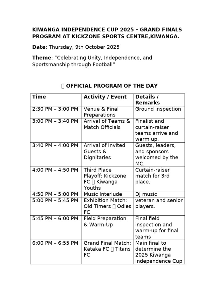 Kiwanga Ind'Ce Cup Final Program | PDF | Sports | Sports Competitions