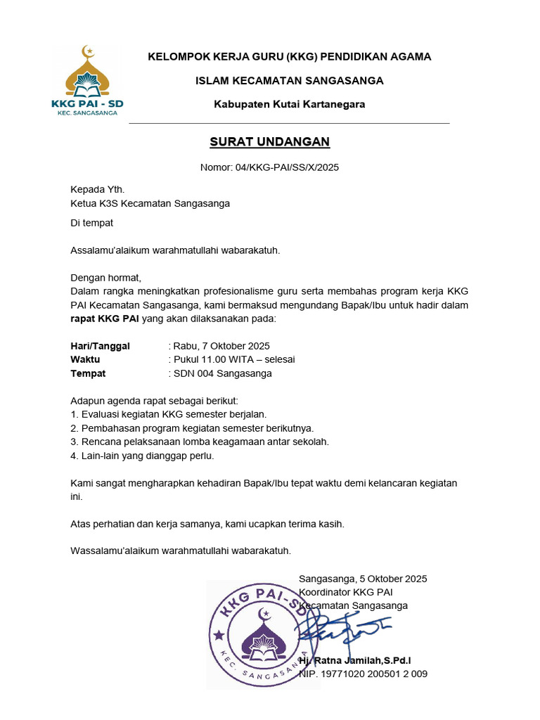 Surat Undangan Rapat KKG PAI 2025 | PDF