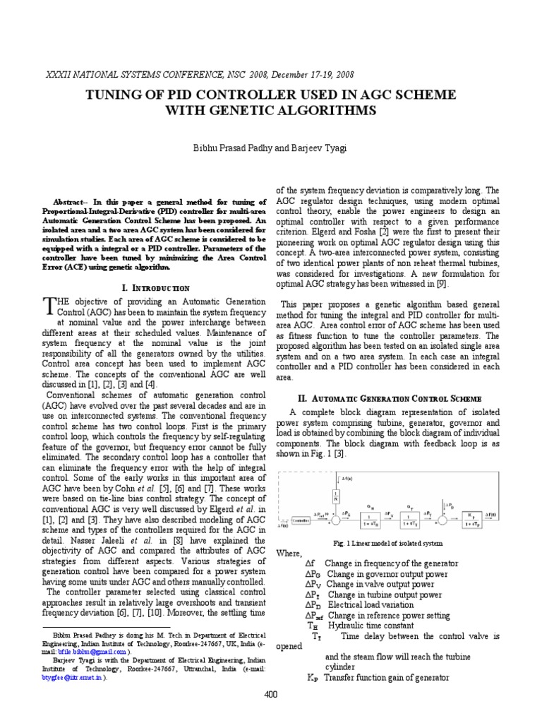 Tuning of Pid Controller Used in Agc Scheme With Genetic Algorithms | PDF | Genetic Algorithm ...