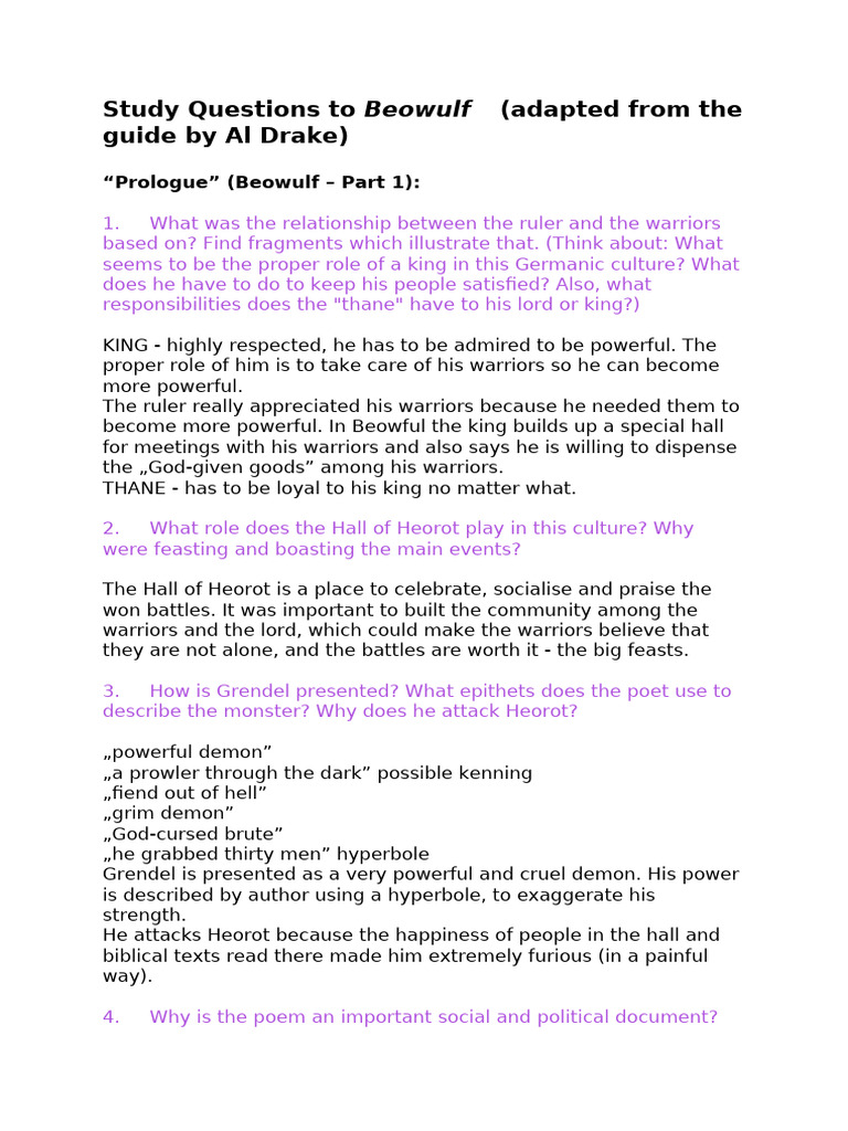 Beowulf Study Questions and Analysis | PDF | Beowulf
