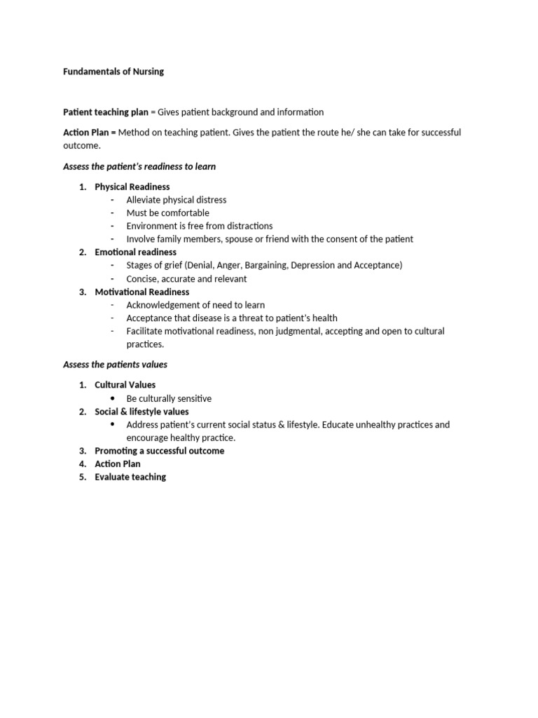 Fundamentals of Nursing Patient Teaching Plan | PDF | Critical Thinking ...
