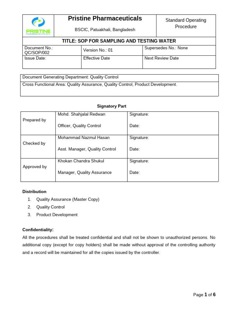 02 SOP of Sampling and Testing of Water | PDF
