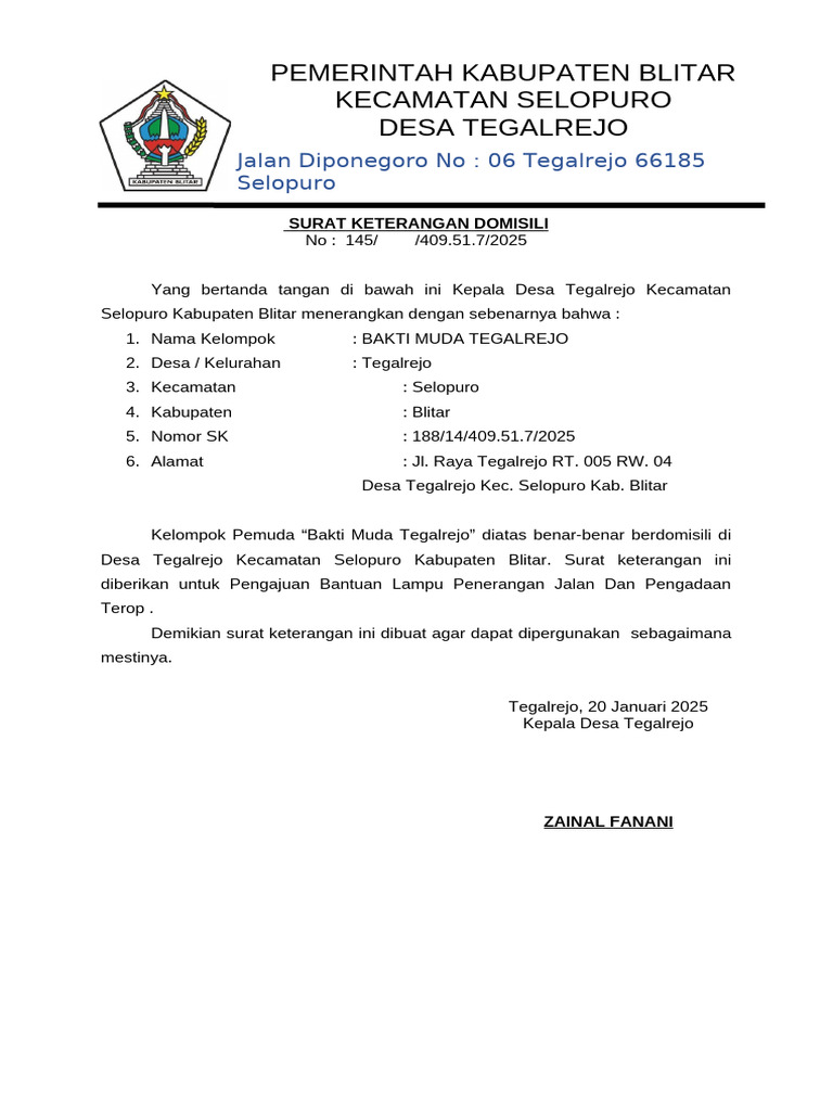 Surat Domisili Bakti Muda Tegalrejo | PDF