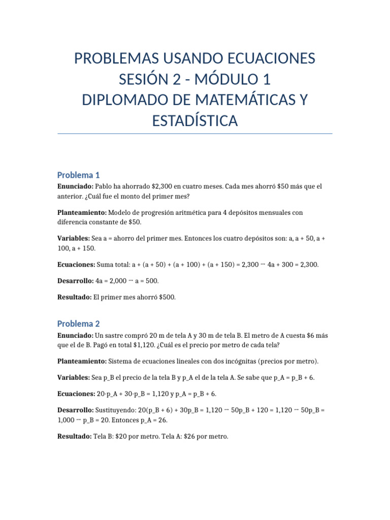 Problemas Usando Ecuaciones Sesion2 Mod1 Soluciones | PDF | Ecuaciones | Análisis matemático