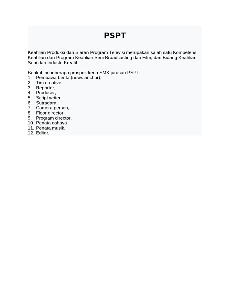 Prospek Kerja Jurusan PSPT | PDF