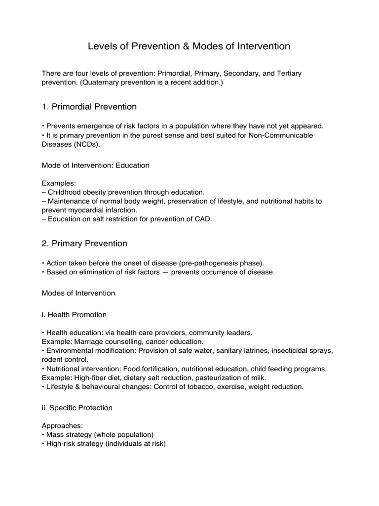 Levels of Prevention and Modes of Intervention Formatted | PDF ...