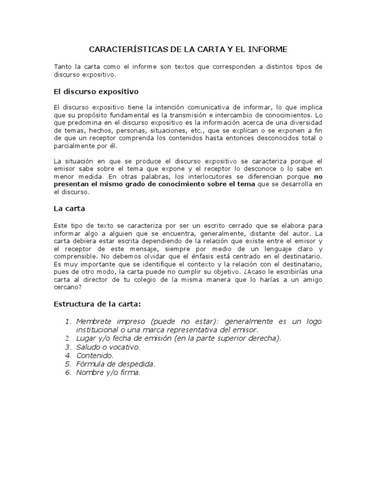 Características de la Carta y el Informe | Autor | Discurso