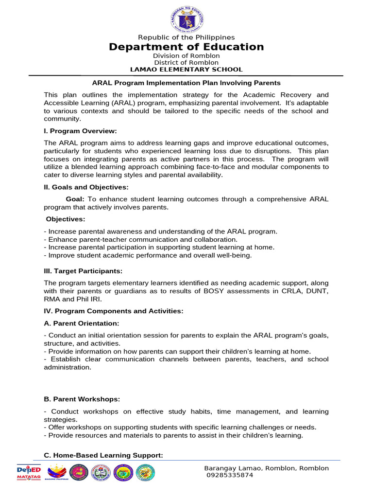 ARAL Program Plan for Parental Involvement | PDF | Learning | Cognition
