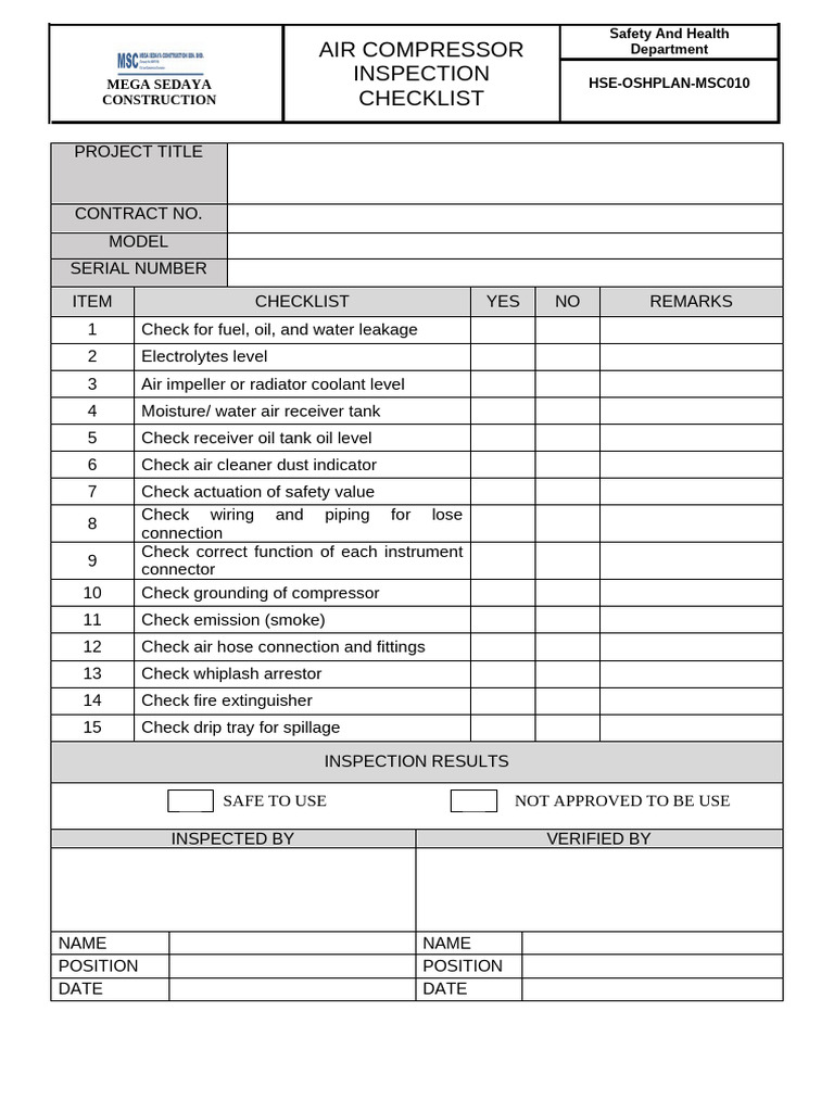 010 Air Compressor Checklist | PDF