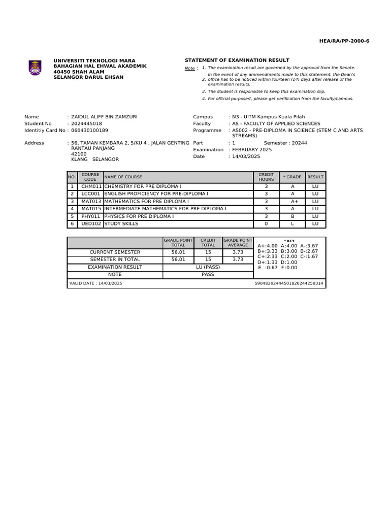 Examination Result Statement for Zaidul Aliff | PDF