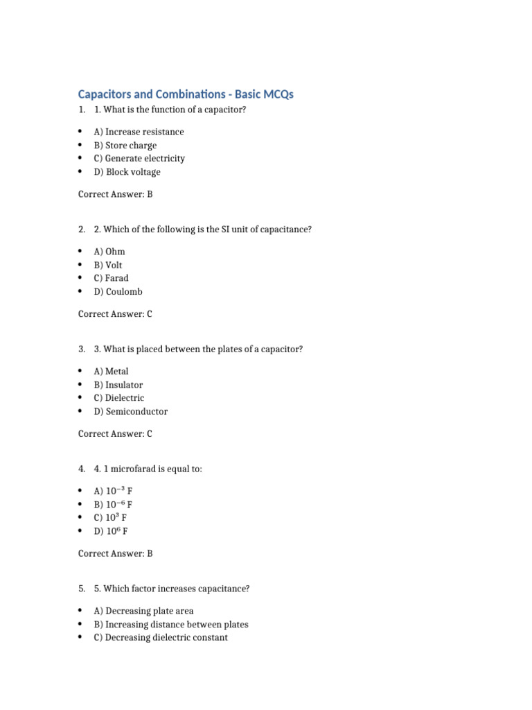 Capacitor Capacitance MCQs | PDF | Capacitor | Series And Parallel Circuits