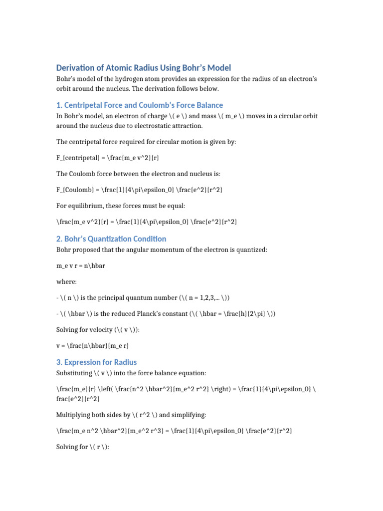Bohr Model: Derivation of Atomic Radius | PDF