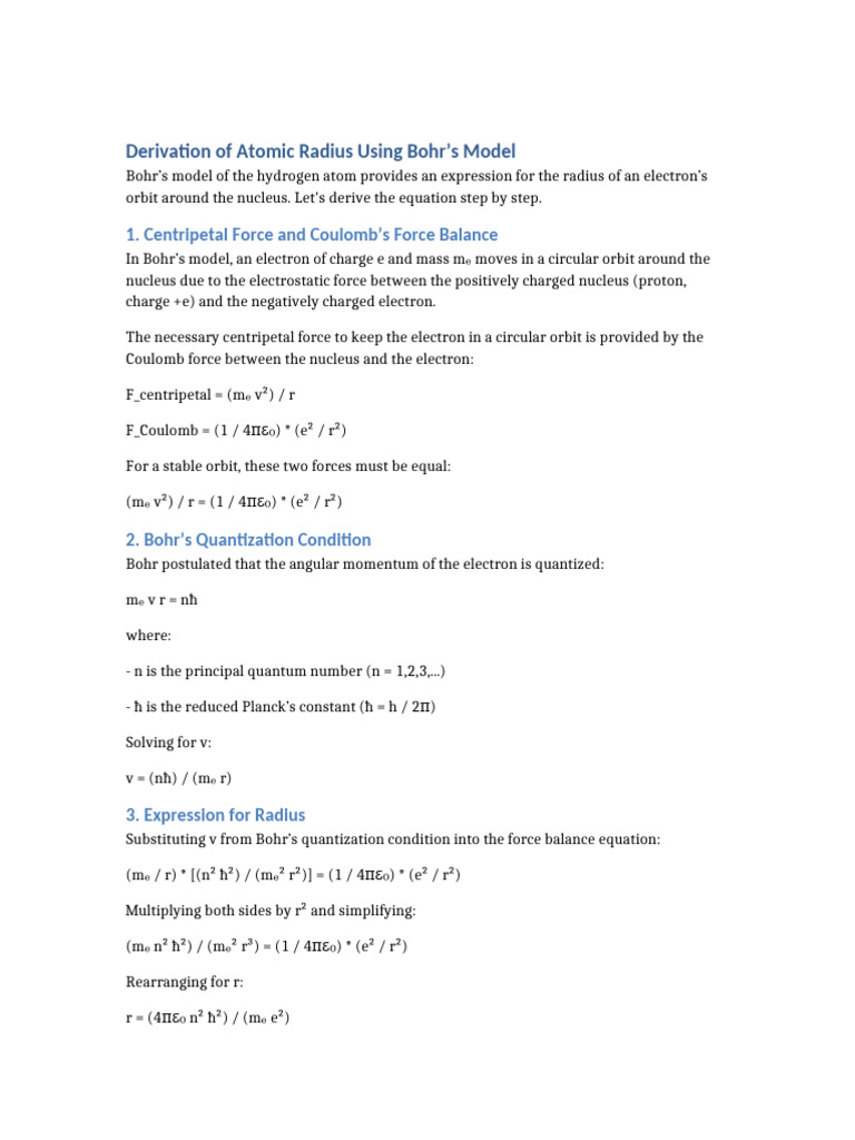 Bohr Model Atomic Radius Derivation | PDF