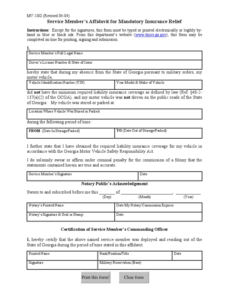 Military Insurance Affidavit Form MV-18G | PDF | Identity Document ...