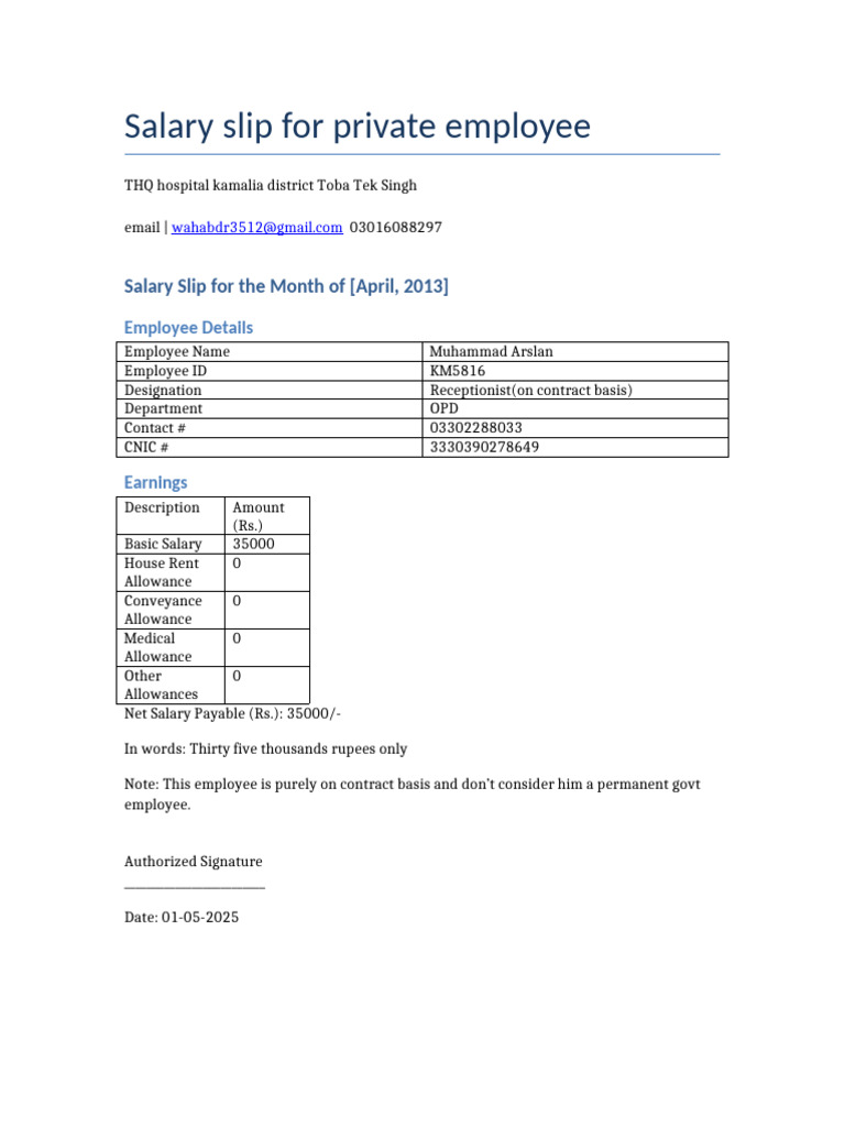 Hospital Salary Slip - April 2013 | PDF