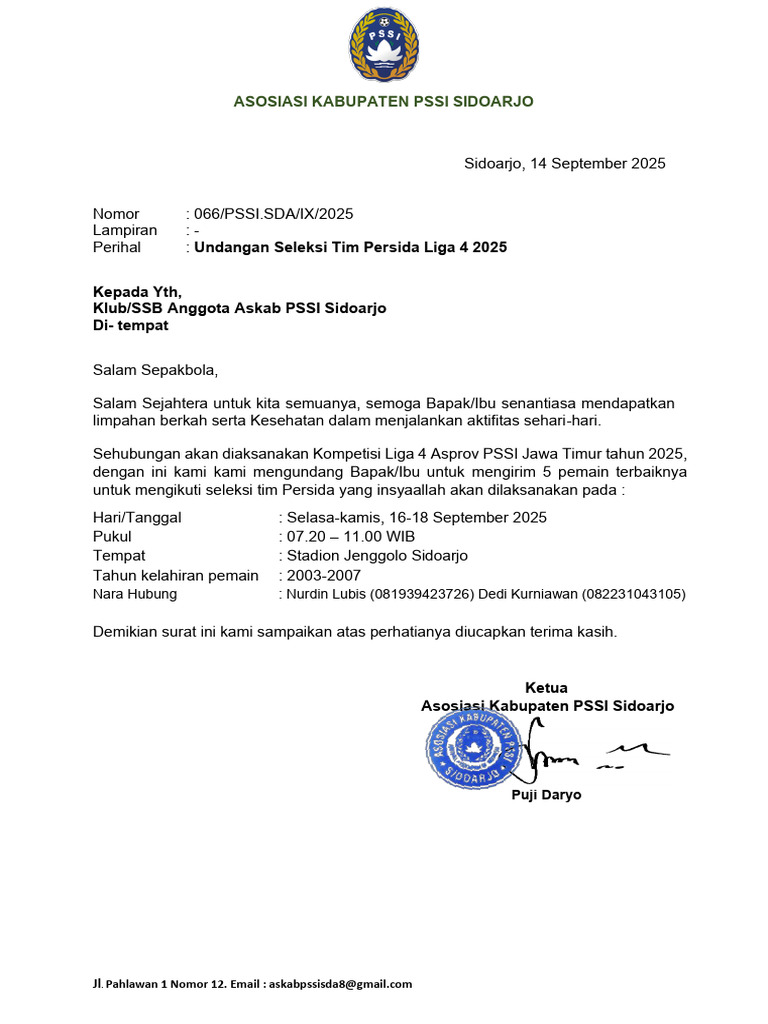Undangan Seleksi Tim Persida Liga 4 2025 | PDF