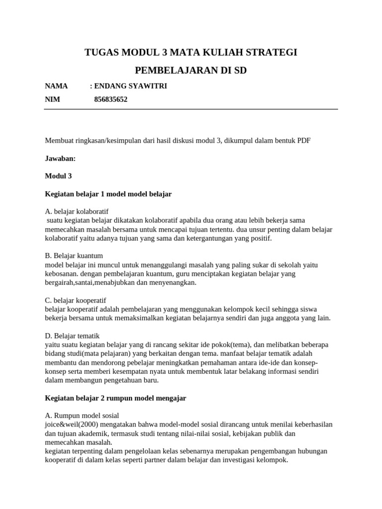 (Endang) Modul 3 Strategi Pembelajaran Di SD | PDF