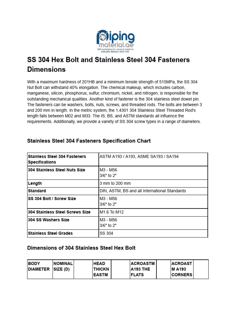 SS 304 Hex Bolt Specifications Guide | PDF | Screw | Stainless Steel