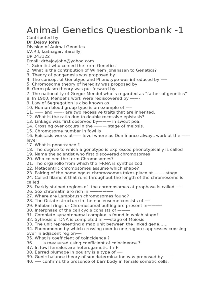 Animal Genetics Question Bank | PDF | Dominance (Genetics) | Genetics