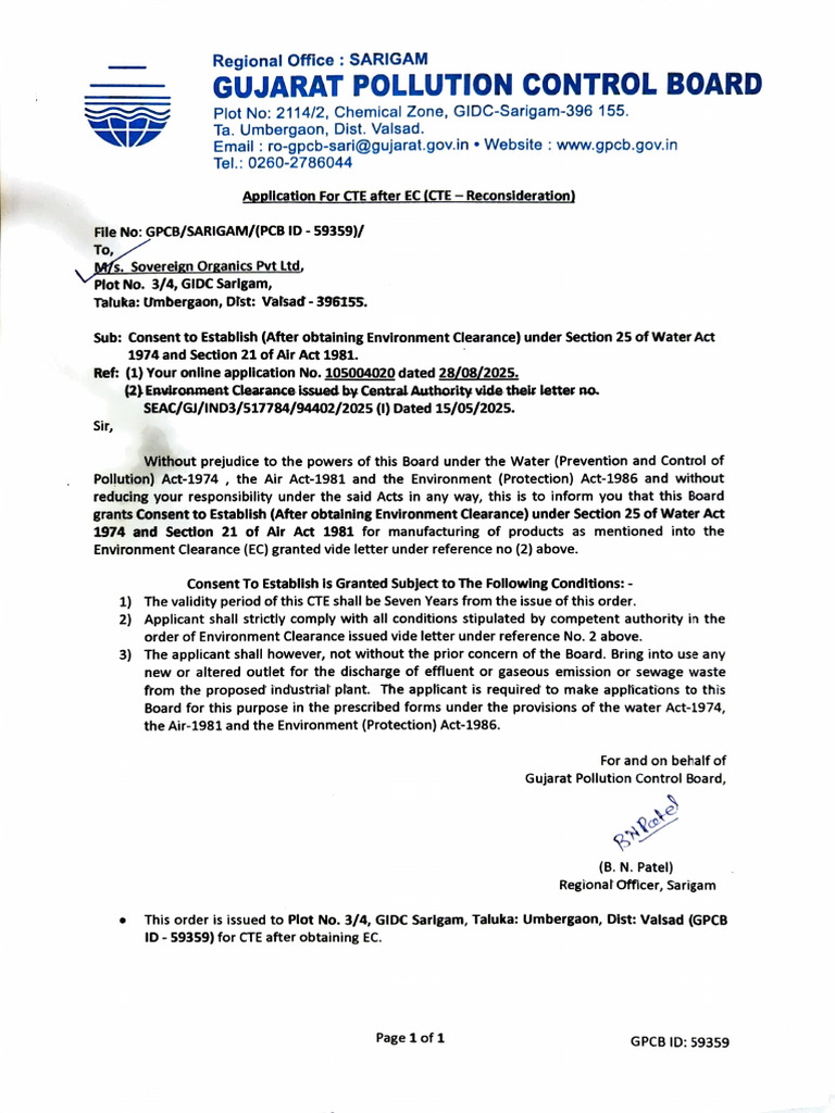 Consent to Establish for Sovereign Organics | PDF | Water Pollution ...