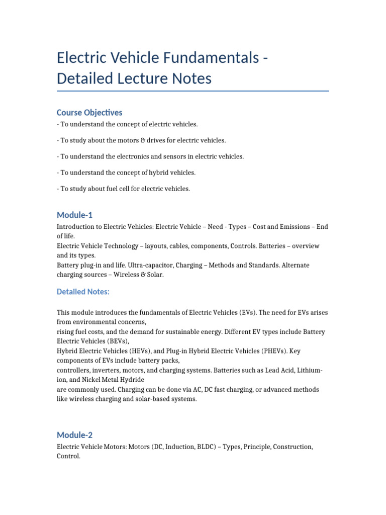 Electric Vehicle Fundamentals Notes | PDF | Fuel Cell | Electric Vehicle