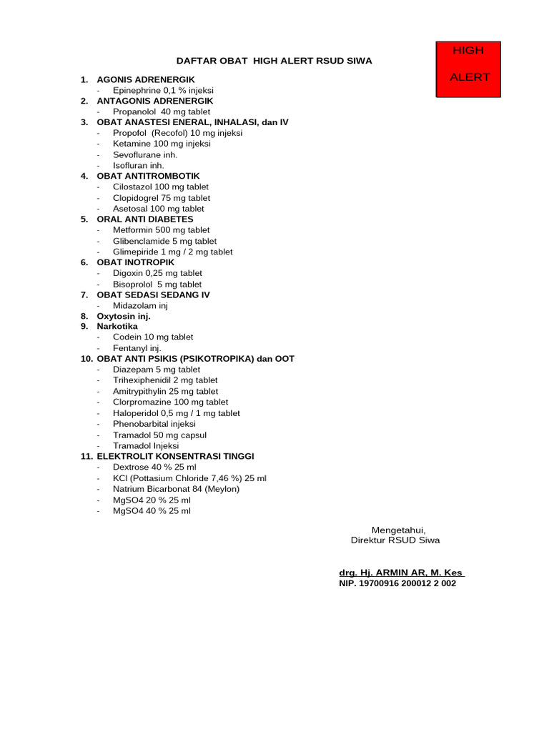 Daftar Obat High Alert Rsud Siwa Acc. Heriani | PDF
