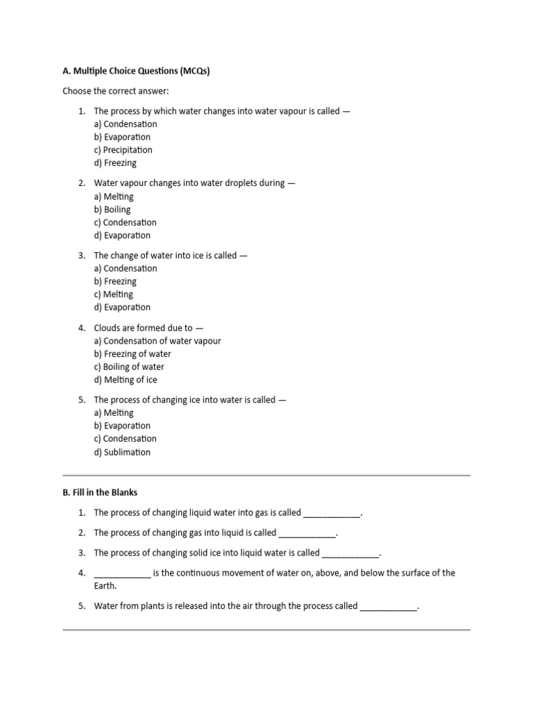 Class 6 Water States Worksheet | PDF
