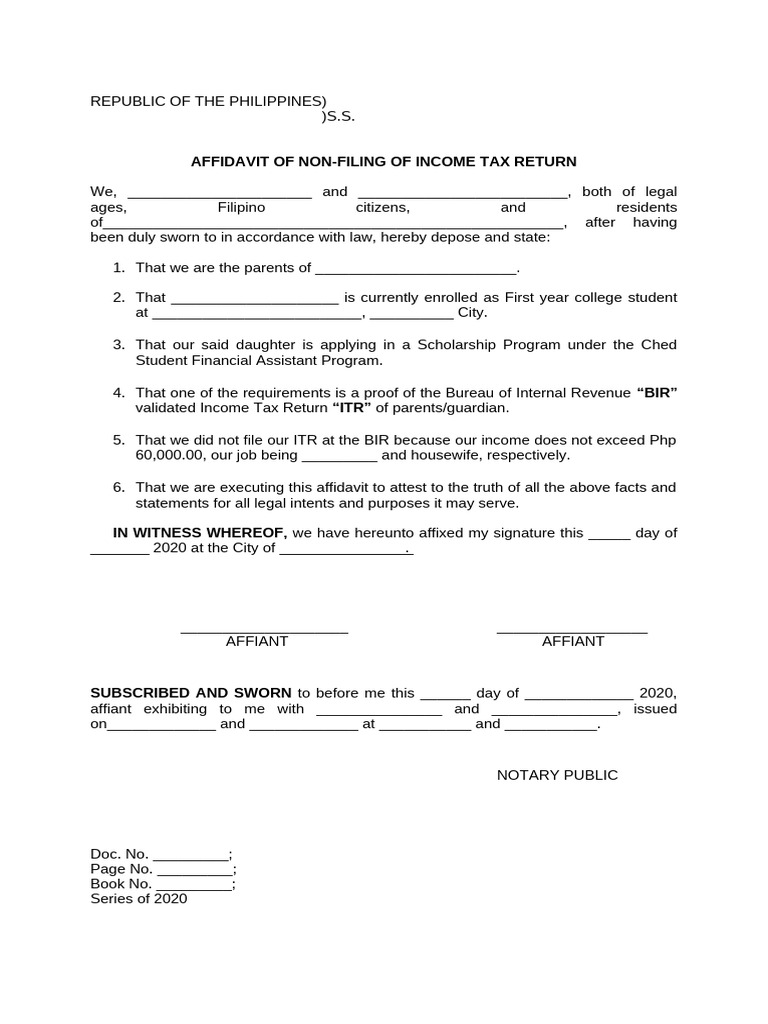 Affidavit of Non-Filing of Income Tax Return | PDF