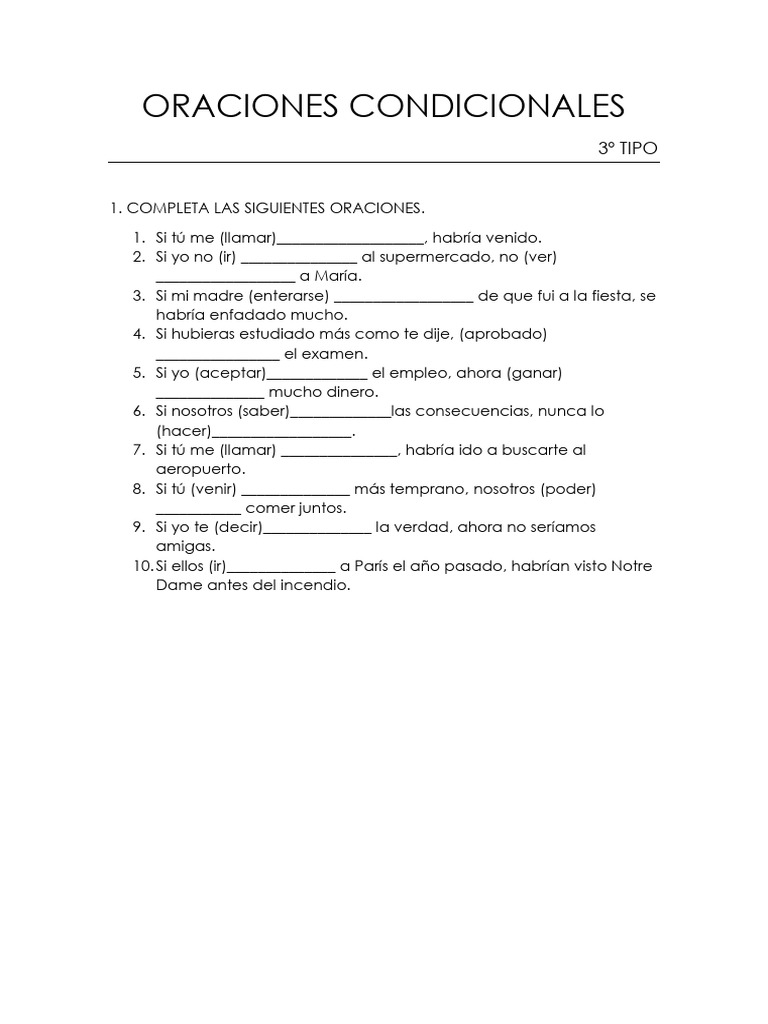 Oraciones Condicionales Tercer Tipo Ejercicios | PDF