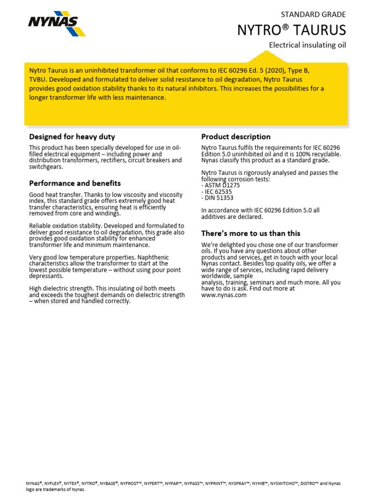 NYTRO TAURUS Electrical Insulating Oil | PDF | Transformer | Chemical ...