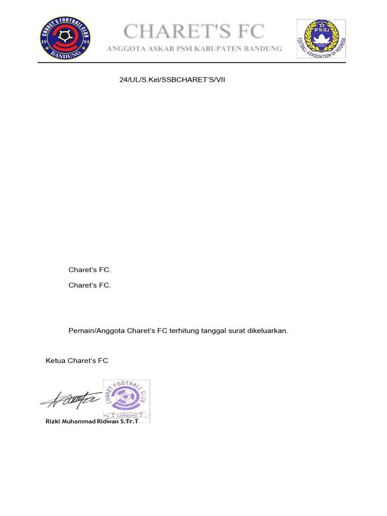 Surat Pengunduran Diri Pemain Charet's FC | PDF