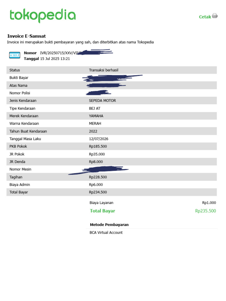 Contoh Bukti Pembayaran Pajak Tokped | PDF