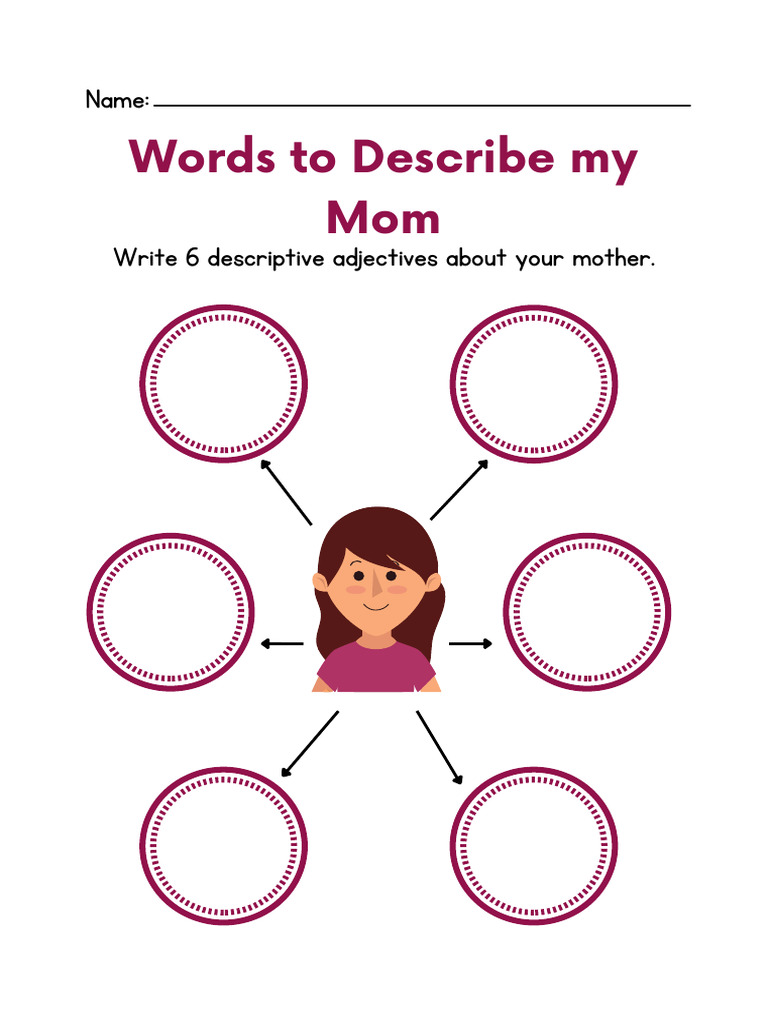 Purple Illustrative Words To Describe My Mom Writing Worksheet | PDF