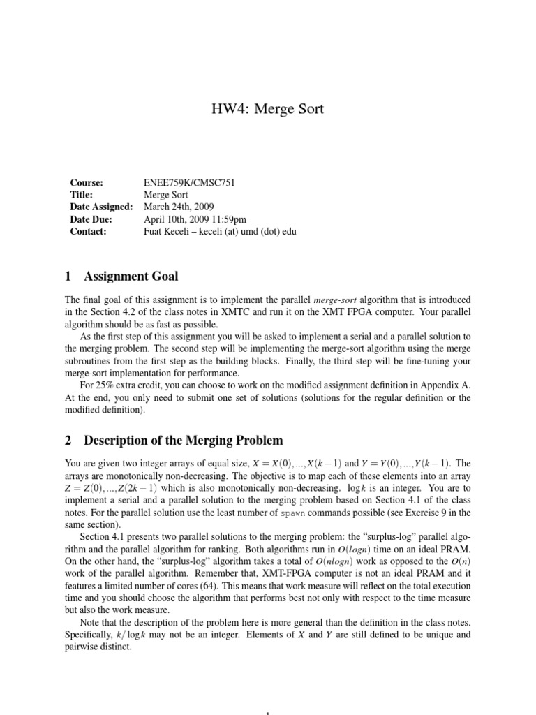 Hw4 Merge Sort 1 Assignment Goal Pdf Array Data Structure Subroutine