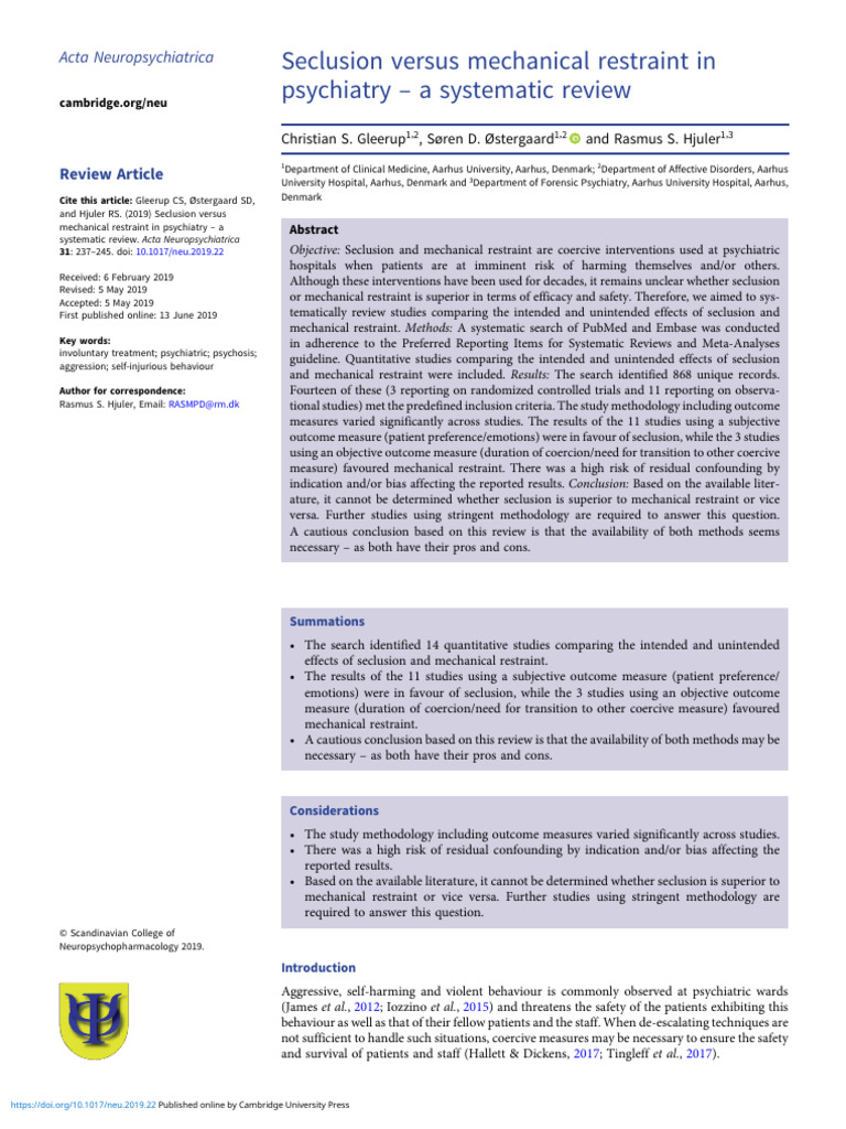 Seclusion Versus Mechanical Restraint in Psychiatry A Systematic Review ...