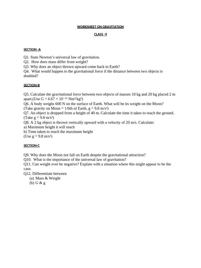 Worksheet On Gravitation | PDF