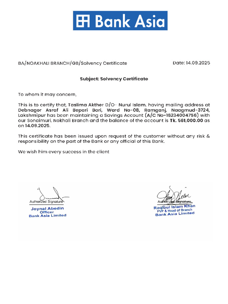 Solvency Certificate | PDF