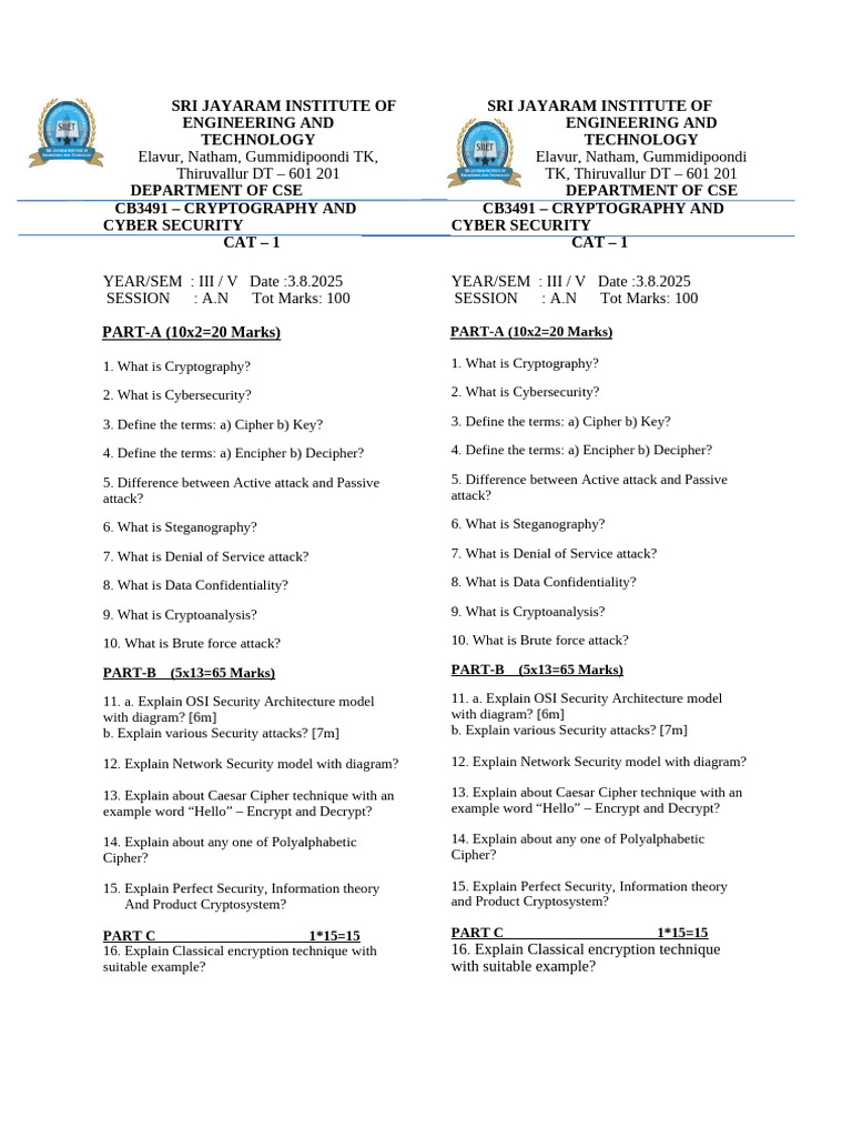 CAT1 Cryptography and Cyber Security | PDF | Encryption | Cryptography