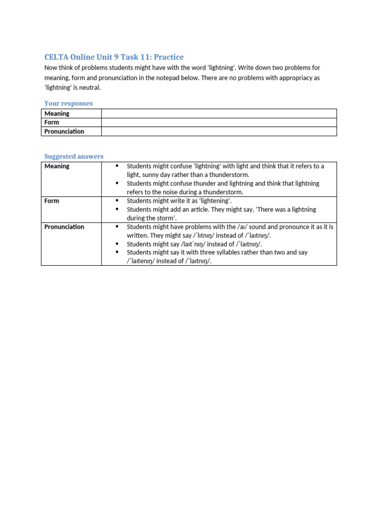 CELTA Online Unit 9 Task 11 - Practice | PDF