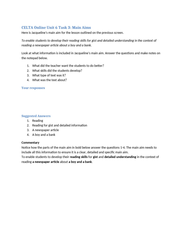 CELTA Online Unit 6 Task 3 - Main Aims | PDF