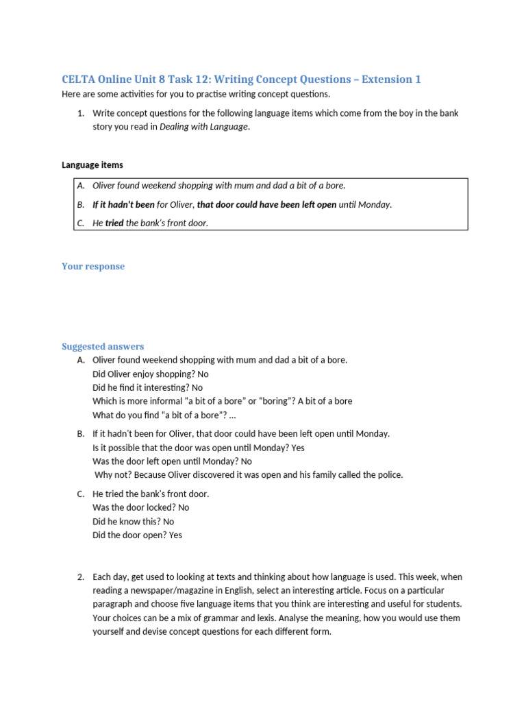 CELTA Online Unit 8 Task 12 - Writing Concept Questions - Extension 1 | PDF