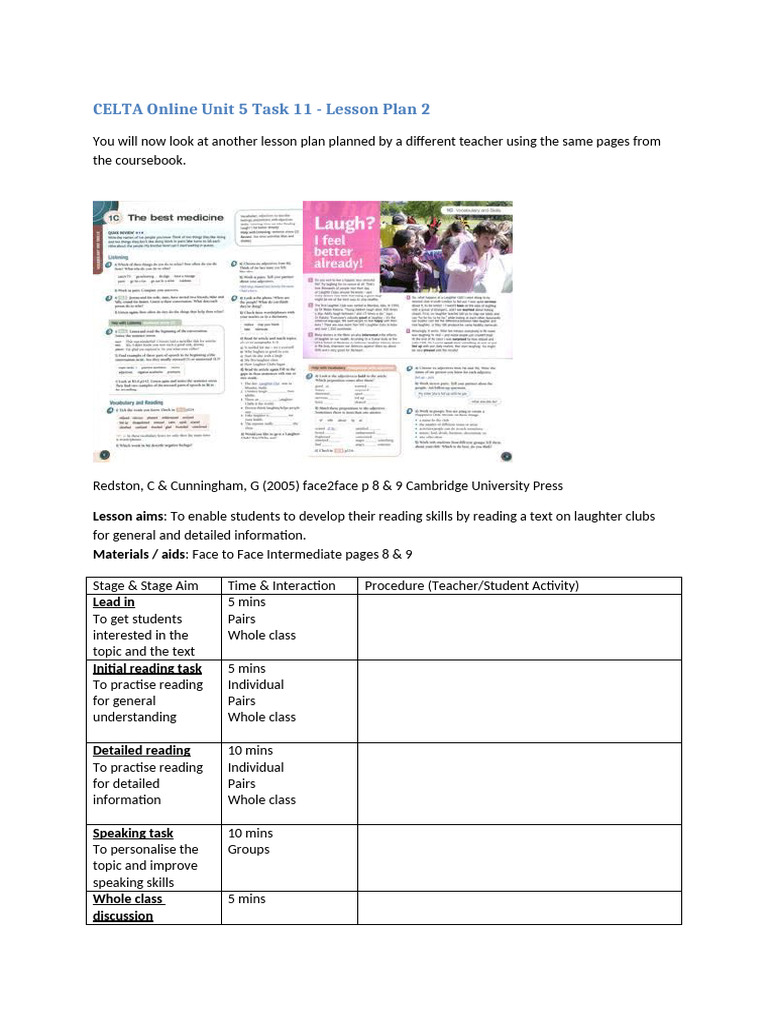 CELTA Online Unit 5 Task 11 - Procedure | PDF | Teachers | Human Communication