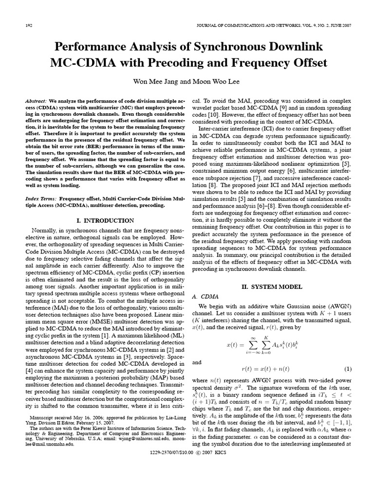 Performance Analysis of Synchronous Downlink MC-CDMA With Precoding and Frequency Offset | PDF ...