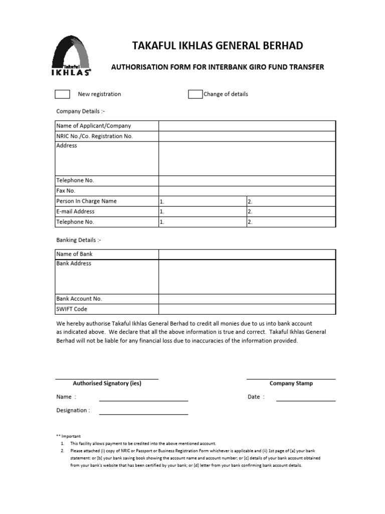 Authorisation Form For Interbank Giro | PDF