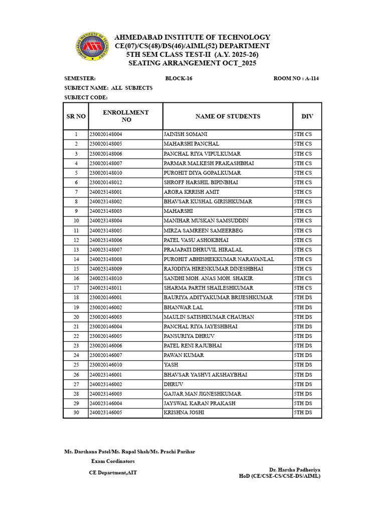5th Sem Class Test-II Seating Arrangement Block-16 | PDF