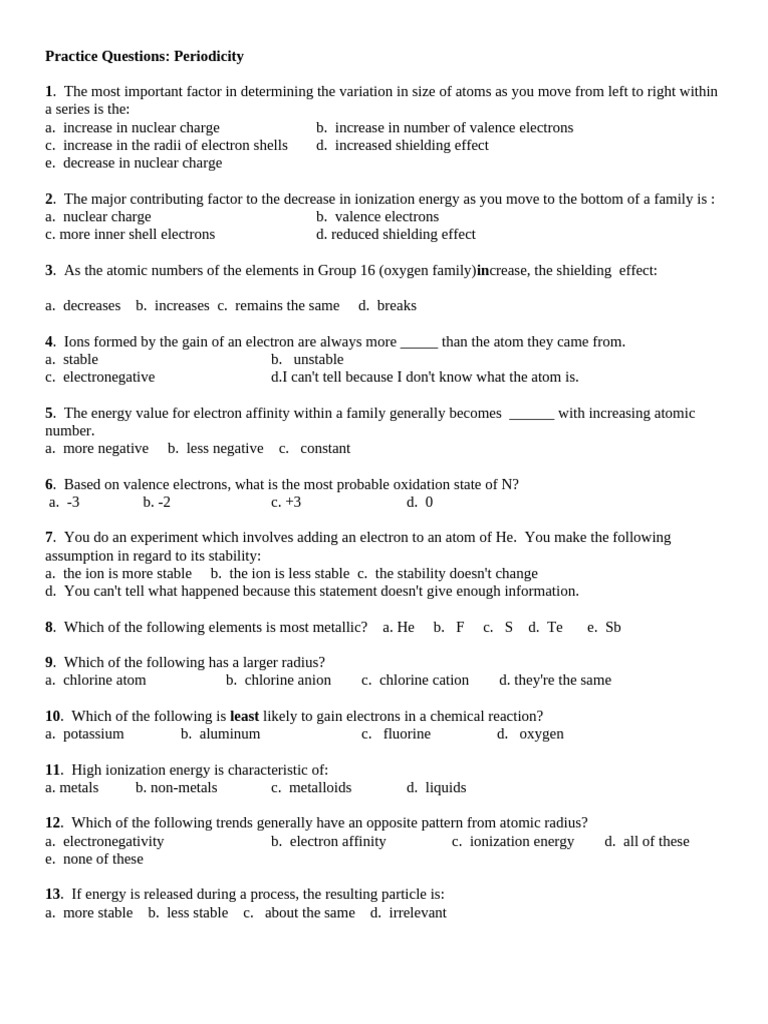 Periodicity Practice Homework | PDF | Ion | Periodic Table